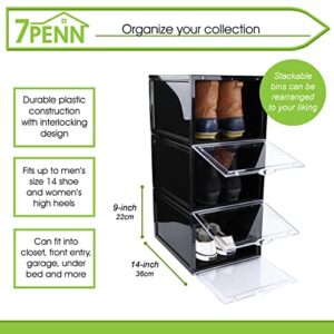 7Penn Plastic Shoe Boxes with Lids 3pk Black - Shoe Storage Containers for Display - Stackable Shoe Organizer