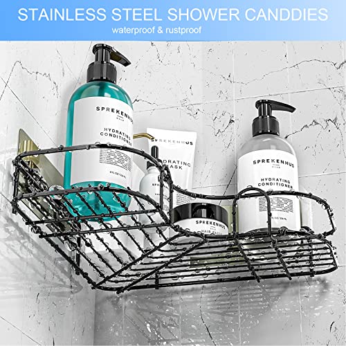 Corner Shower Caddy Bathroom Storage Organizers,2 Packs Shower Caddies Shower Shelves Wall Hanging Organizer Shampoo Holder with 4 HooksRust Proof Stainless Steel Storage Racks (Black)