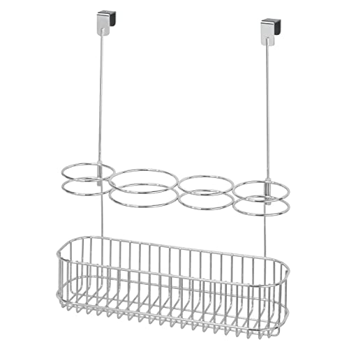 mDesign Metal Bathroom Storage Tool Organizer Accessory Basket Tray - Hang Over Cabinet Door - Storage for Hair Dryer, Straightener, Curling Iron & Hair Styling Products - Concerto Collection - Chrome