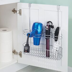 mDesign Metal Bathroom Storage Tool Organizer Accessory Basket Tray - Hang Over Cabinet Door - Storage for Hair Dryer, Straightener, Curling Iron & Hair Styling Products - Concerto Collection - Chrome