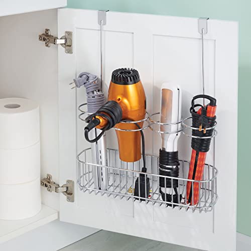 mDesign Metal Bathroom Storage Tool Organizer Accessory Basket Tray - Hang Over Cabinet Door - Storage for Hair Dryer, Straightener, Curling Iron & Hair Styling Products - Concerto Collection - Chrome