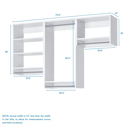 Closet Kit with Hanging Rods - Corner Closet System - Closet Shelves - Closet Organizers and Storage Shelves (White, 72 inches Wide) Closet Shelving