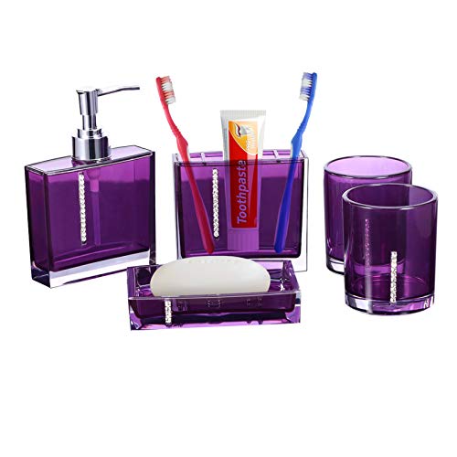 Purple Bathroom Accessories Set, 5 Pcs Bath Ensemble Kit Square Acrylic Bathroom Set Bathroom Home Decor Clearance with 2 Cups, Toothbruch Holder Set, Dish