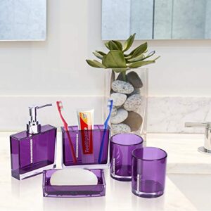 Purple Bathroom Accessories Set, 5 Pcs Bath Ensemble Kit Square Acrylic Bathroom Set Bathroom Home Decor Clearance with 2 Cups, Toothbruch Holder Set, Dish