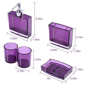 Purple Bathroom Accessories Set, 5 Pcs Bath Ensemble Kit Square Acrylic Bathroom Set Bathroom Home Decor Clearance with 2 Cups, Toothbruch Holder Set, Dish