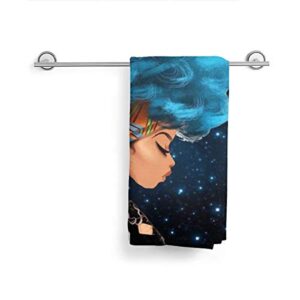 African American Women with Blue Hair Absorbent Hand Towel Soft Polyester Face Towel Multi Purpose Towels for Bathroom, Hotel, Gym and Spa 15.7X 27.5 Inch