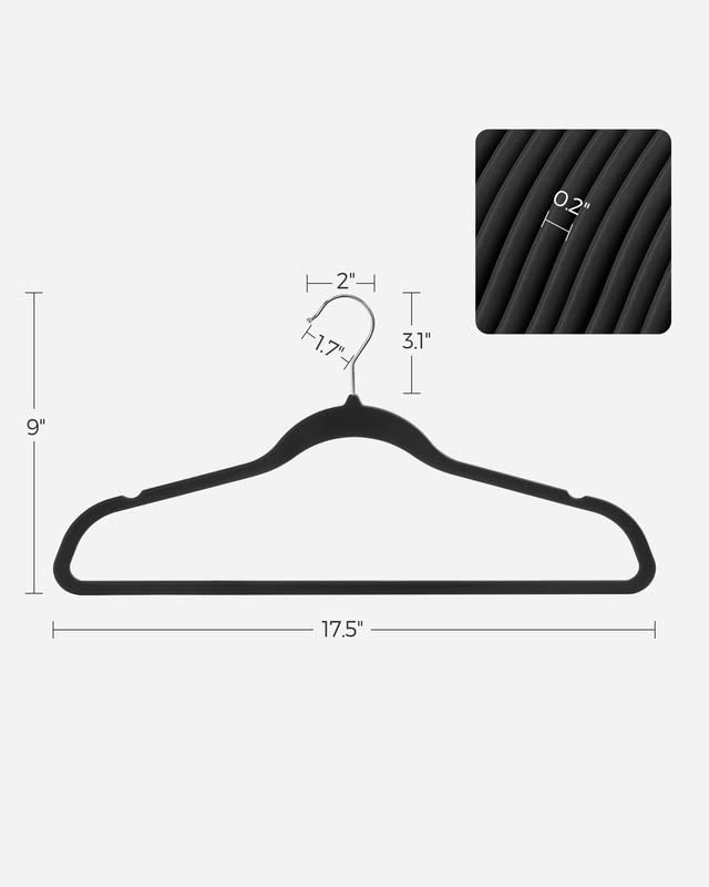 SONGMICS Rubber-Coated Plastic Hangers, 50 Pack Non-Slip Coat Hangers, Space-Saving Slim Clothes Hangers, 360 Degree Swivel Hooks, Shoulder Notches, Black UCRP008B05