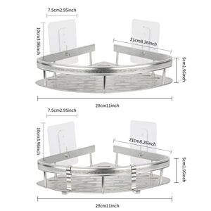 Corner Shower Caddy, Bathroom Corner Shower Shelfs, 2-Pack Adhesive Wall Mounted Shower Rack, Rustproof Space aluminum Bath Storage Shower Organizers with 4 Movable Hooks, No Drilling(Snow Silver)