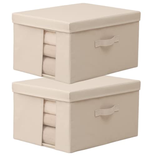 Clothes Storage 2 Pack, Storage Bins with Lids & Clear Window, Large Capacity Closet Organizer, Fabric Storage Containers for Clothing, Blanket, Comforter (M(17.7x11.8x9.8") for 15-20 T-shirts, Beige-1)