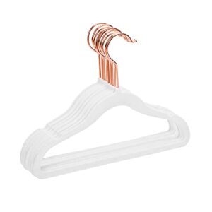 mizgi premium kids velvet hangers (pack of 50) with copper/rose gold hooks,space saving ultra thin,non slip baby hangers for children's skirt dress pants,clothes hangers(white)