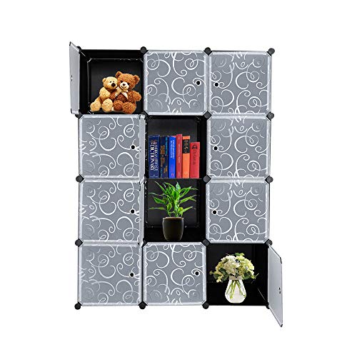 VINGLI Cube Storage, 12 Cubes Shelves Units, Closet Cabinet Bookshelf, DIY Plastic Modular Storage Cube Organizer w/Pattern White Doors and Hammer - Black