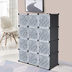 VINGLI Cube Storage, 12 Cubes Shelves Units, Closet Cabinet Bookshelf, DIY Plastic Modular Storage Cube Organizer w/Pattern White Doors and Hammer - Black