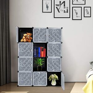 VINGLI Cube Storage, 12 Cubes Shelves Units, Closet Cabinet Bookshelf, DIY Plastic Modular Storage Cube Organizer w/Pattern White Doors and Hammer - Black