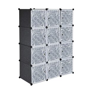 VINGLI Cube Storage, 12 Cubes Shelves Units, Closet Cabinet Bookshelf, DIY Plastic Modular Storage Cube Organizer w/Pattern White Doors and Hammer - Black