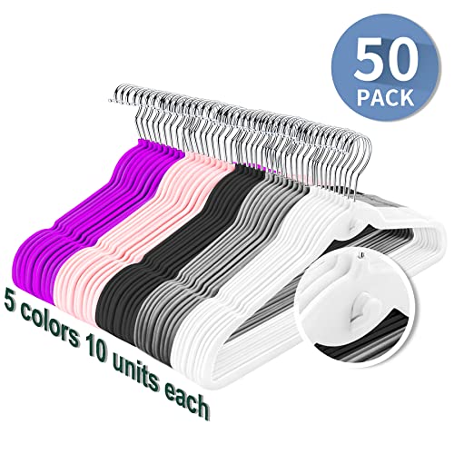 HozyFrozy Multi-Color Premium Velvet Hangers with Mini Hooks, Pack of 50, Non-Slip Space Saving Cascading Clothes and Suit Hangers, Purple, Pink, White, Grey and Black