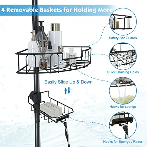 Tension Shower Caddy, Stainless Steel Tension Pole Shower Caddy, Rustproof Inside Shower Organizer, Drill Free Shower Rack, Large Shower Storage Shower Caddy Tension Pole,56-125 Inch