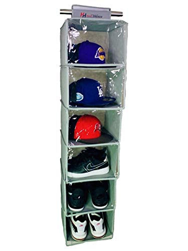 Hat-Headz Hanging Closet Organizer 6 Shelves PVC Curtain Protection 12”x 12” 48" Closet Organizers and Storage Hanging Shoes Hats Bags and More -Grey