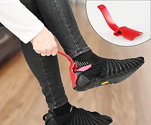 Home-X Shoe Helpers, Ergonomic Easy Shoe Helpers with Curved Handles for Pulling Shoes On, One Size Fits All, Durable Plastic for Multiple Uses, Set of 6, 6" L x 1 ¾” W x 1 ¼” H, Red