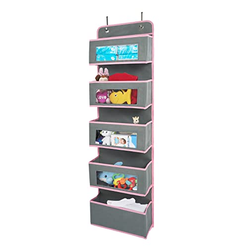 Vercord Door Hanging Organizer Storage Wall Mount Organization Foldable Hanging Shelves Kids Toy 5 Pocket 4 Clear Window with Metal Hook Grey