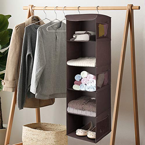 Flexzion Hanging Shoe Shelves, 5 Shelf Cloth Closet, Clothing Storage Organizers w/ 6 Side Mesh Pockets, Portable Suspended Hanger Holder, Wall/Over The Door Design for Wardrobe Bed Bathroom, Brown