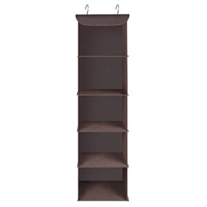 Flexzion Hanging Shoe Shelves, 5 Shelf Cloth Closet, Clothing Storage Organizers w/ 6 Side Mesh Pockets, Portable Suspended Hanger Holder, Wall/Over The Door Design for Wardrobe Bed Bathroom, Brown