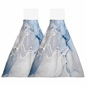 BOBOWUNY Marble 2 Pcs Hanging Kitchen Hand Towels, Modern Abstract Ombre Blue Grey Farmhouse Super Soft Microfiber Tie Towels Aborbent Washcloth for Bathroom Oven Tea Bar