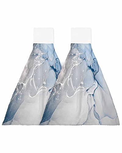 BOBOWUNY Marble 2 Pcs Hanging Kitchen Hand Towels, Modern Abstract Ombre Blue Grey Farmhouse Super Soft Microfiber Tie Towels Aborbent Washcloth for Bathroom Oven Tea Bar