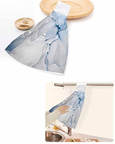 BOBOWUNY Marble 2 Pcs Hanging Kitchen Hand Towels, Modern Abstract Ombre Blue Grey Farmhouse Super Soft Microfiber Tie Towels Aborbent Washcloth for Bathroom Oven Tea Bar