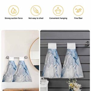 BOBOWUNY Marble 2 Pcs Hanging Kitchen Hand Towels, Modern Abstract Ombre Blue Grey Farmhouse Super Soft Microfiber Tie Towels Aborbent Washcloth for Bathroom Oven Tea Bar