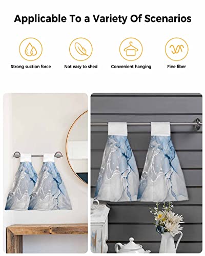 BOBOWUNY Marble 2 Pcs Hanging Kitchen Hand Towels, Modern Abstract Ombre Blue Grey Farmhouse Super Soft Microfiber Tie Towels Aborbent Washcloth for Bathroom Oven Tea Bar