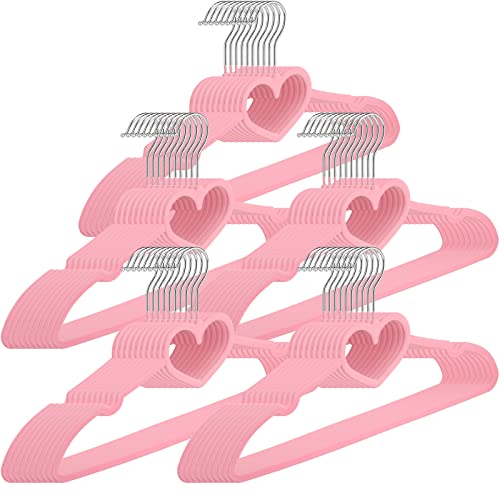 50 Pieces Heart Hangers Cute Hangers with 360 Degree Swivel Hook Heavy Duty Clothes Hanger Adult Coat Hangers for Jackets, Pants, Shirts, Suit, Dress Room Closet Decor (Pink, Velvet)