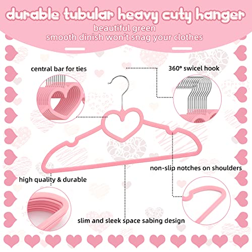 50 Pieces Heart Hangers Cute Hangers with 360 Degree Swivel Hook Heavy Duty Clothes Hanger Adult Coat Hangers for Jackets, Pants, Shirts, Suit, Dress Room Closet Decor (Pink, Velvet)