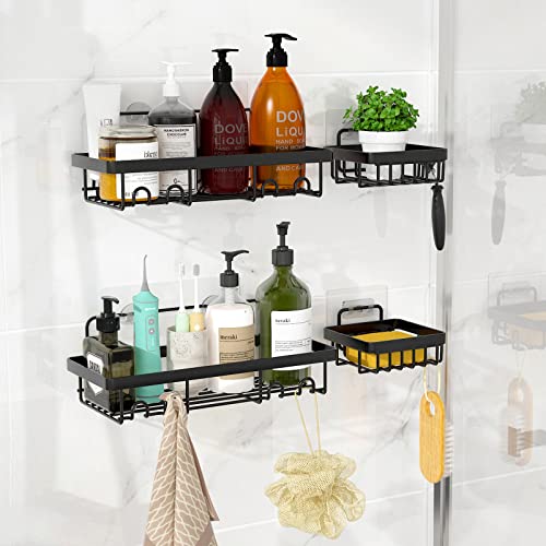 WANBY Shower Caddy Shelf with Hooks Storage Rack Organizer Wall-mounted without Holes 2 Pack Shower Caddy and 2 Soap Holders for Bathroom Washroom Restroom Shower Toilet Kitchen