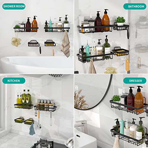 WANBY Shower Caddy Shelf with Hooks Storage Rack Organizer Wall-mounted without Holes 2 Pack Shower Caddy and 2 Soap Holders for Bathroom Washroom Restroom Shower Toilet Kitchen