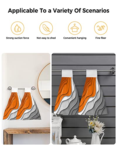 Hanging Tie Towel for Kitchen Bathroom, 2 Pack Orange Grey Gradient Geometric Durable Absorbent Hand Towels Hangable Washing Cloths Home Cleaning Decor Modern Abstract Ripple Art