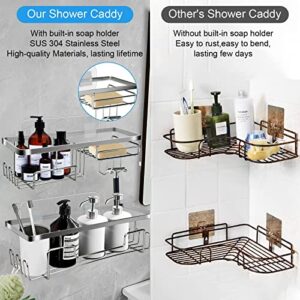 TOLOYE Shower Caddy Shelf, Adhesive Shower Caddy 2 Pack Shelf with 14 Hooks Storage Rack Organizer, Stainless Steel Shower Shelves with Soap Holder, No Drilling Rustproof for Bathroom, Restroom