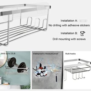 TOLOYE Shower Caddy Shelf, Adhesive Shower Caddy 2 Pack Shelf with 14 Hooks Storage Rack Organizer, Stainless Steel Shower Shelves with Soap Holder, No Drilling Rustproof for Bathroom, Restroom