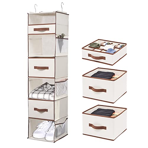 Vercord 6 Shelf Hanging Closet Organization Foldable Hanging Shelves Clothes Storage with 2 Large Drawer 1 Sock Drawer 6 Mesh Pocket.