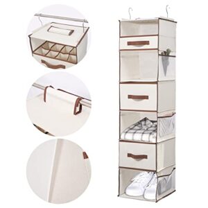 Vercord 6 Shelf Hanging Closet Organization Foldable Hanging Shelves Clothes Storage with 2 Large Drawer 1 Sock Drawer 6 Mesh Pocket.