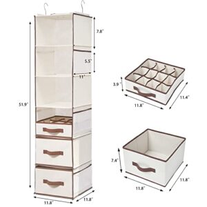 Vercord 6 Shelf Hanging Closet Organization Foldable Hanging Shelves Clothes Storage with 2 Large Drawer 1 Sock Drawer 6 Mesh Pocket.