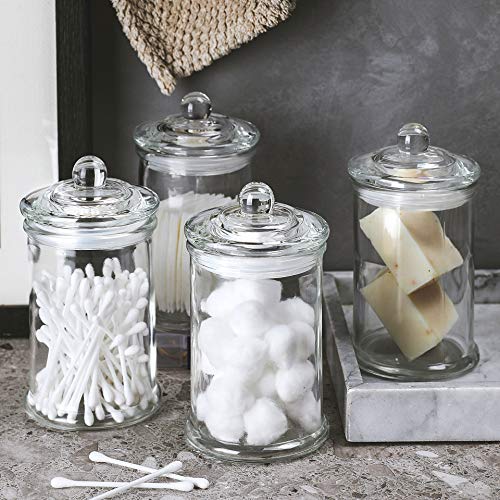 WHOLE HOUSEWARES | Glass Apothecary Jars Bathroom Storage Organizer Canisters For Cotton Swabs, Cotton Balls, Makeup Sponges, Bath Salts, Hair Ties, Makeup | (D3.1" XH5.7")