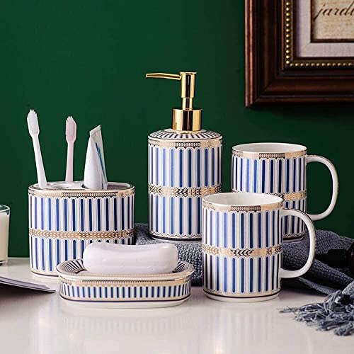 DVTEL Ceramic Washing Set, Bathroom, Four-Piece Set, Couple's Home Bathroom, Toothbrush Cup Set (Color : Blue, Size : 6 Piece Set)