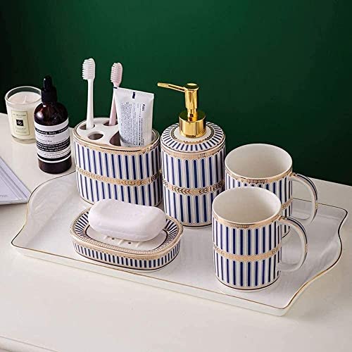 DVTEL Ceramic Washing Set, Bathroom, Four-Piece Set, Couple's Home Bathroom, Toothbrush Cup Set (Color : Blue, Size : 6 Piece Set)