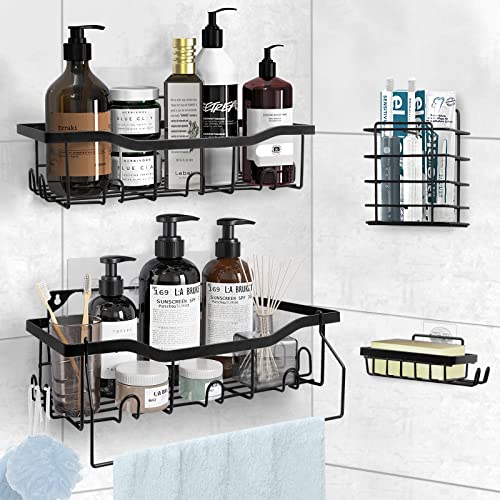 STxiny 4 Pack Shower Caddy Organizer, No Drilling 2 Pack Shower Caddies with 1 Toothbrush Holder and 1 Soap Holder, Strong Adhesive Rustproof Wall-Mounted Shower Caddy for Bathroom, Kitchen and Dorm