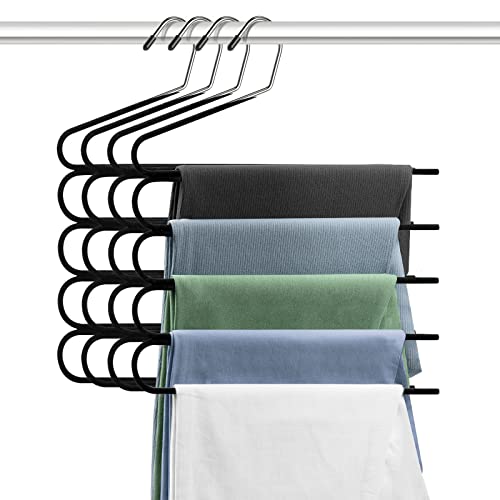 Velvet Pants Jeans Hanger Space Saving Non-Slip Hanger - Fitnice 4 Pack Multi-Layer Trouser Hanger 5 Tier Open-Ended Velvet Clothes Hangers Closet Organizer for Pant Garden Flag Scarf Towel (Black)