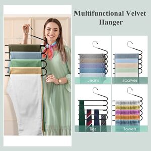 Velvet Pants Jeans Hanger Space Saving Non-Slip Hanger - Fitnice 4 Pack Multi-Layer Trouser Hanger 5 Tier Open-Ended Velvet Clothes Hangers Closet Organizer for Pant Garden Flag Scarf Towel (Black)