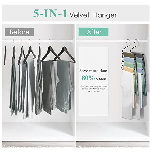 Velvet Pants Jeans Hanger Space Saving Non-Slip Hanger - Fitnice 4 Pack Multi-Layer Trouser Hanger 5 Tier Open-Ended Velvet Clothes Hangers Closet Organizer for Pant Garden Flag Scarf Towel (Black)