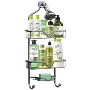 lucalda shower caddy, shower caddy over shower head bathroom shower hanging caddy aluminum, hanging shower organizer over the head shower rack, 2 hooks soap shelf gray, 25.2" × 10.6" × 4.3"