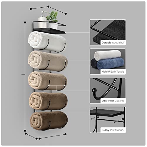 Sorbus Towel-Rack for Bathroom - Wall Mounted Metal Organization Rack with Wooden Top Shelf & 5 Tiers - Holds Full Sized Bath-Towels, Washcloths, Linens, & Hand-Towels - Easy Installation