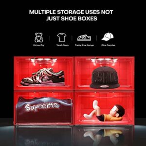 Boshen 1 Pack LED Shoe Display Cases with Voice Control Stackable Extra Large Sneaker Storage Box Magnetic Drop Side Shoe Collection Organizer for Men 13.5 & Women 14 (Red)